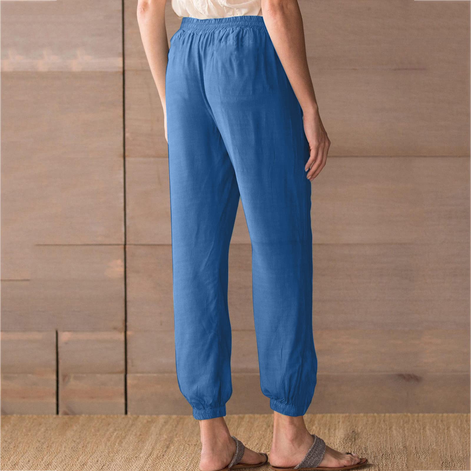 with Pockets Casual Waisted Summer Pants Linen Beach Cotton Women Comfy Flowy High Button Women's Casual Pants Women's Blue