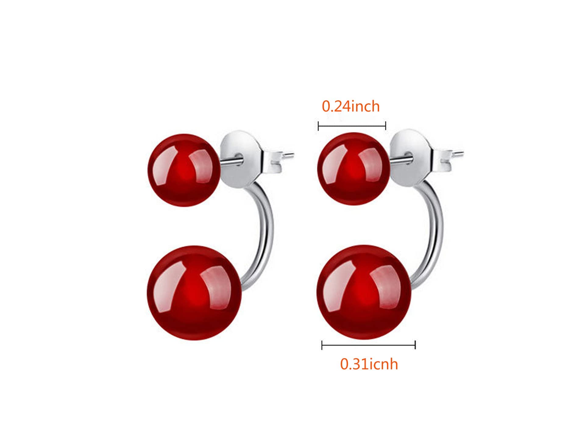 Women Earrings Natural Onyx Double Beads with Stud Earrings 925 Sterling Silver Jewelry (red)