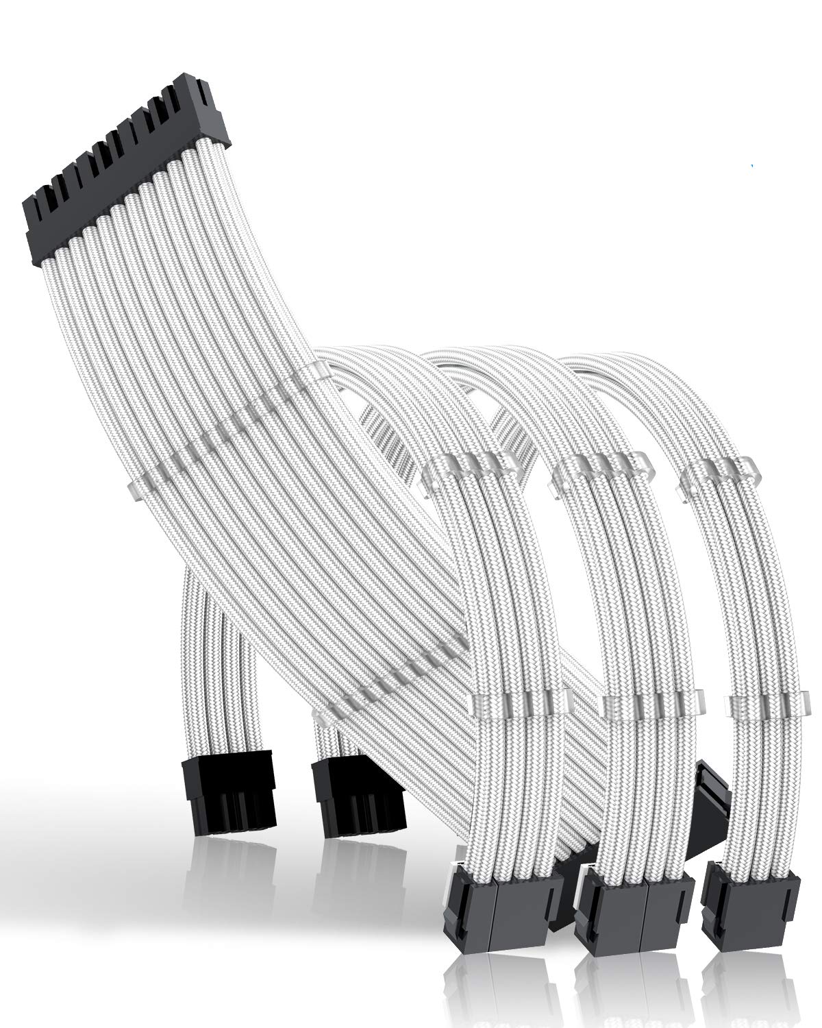 Sleeved Cables, PSU Extension Cable Kit for Power Supply, Fiber Braided ATX EPS PCI-E Cable with Combs, 30CM (White)