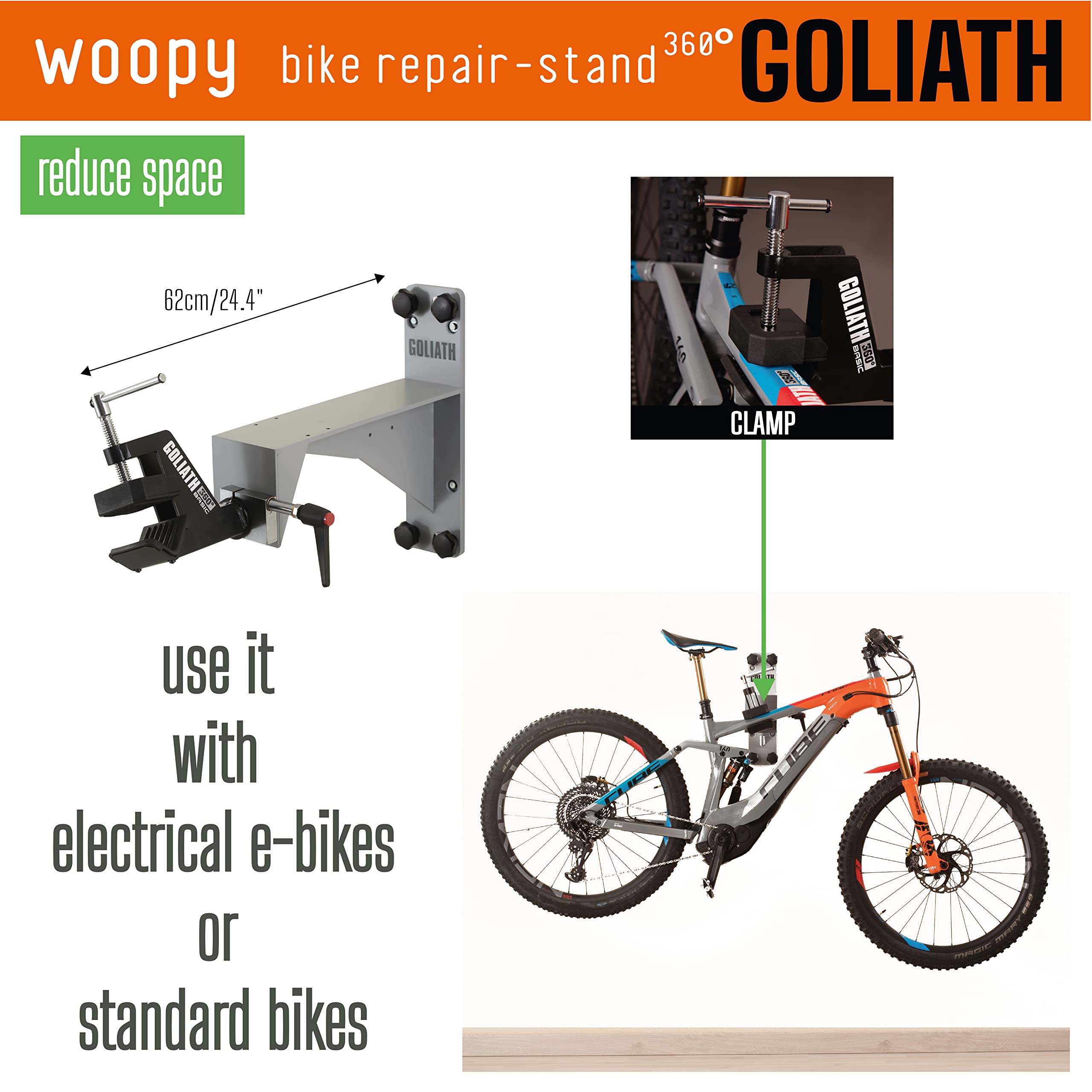 WOOPY Bike Wall Mount - Storage Bike Rack Garage or Home - Vertical Bicycle Hanger for Maintenance - Indoor or Outdoor Use Max. Load 132 Lbs,Goliath Space Wall