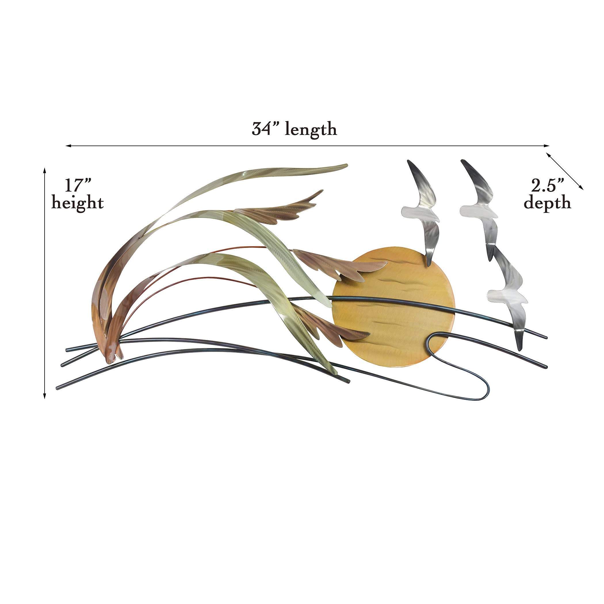 T.I. Design Seagulls and Sea Oats with Sun | Contemporary Coastal Beach Handmade Stainless Steel Metal Wall Decor