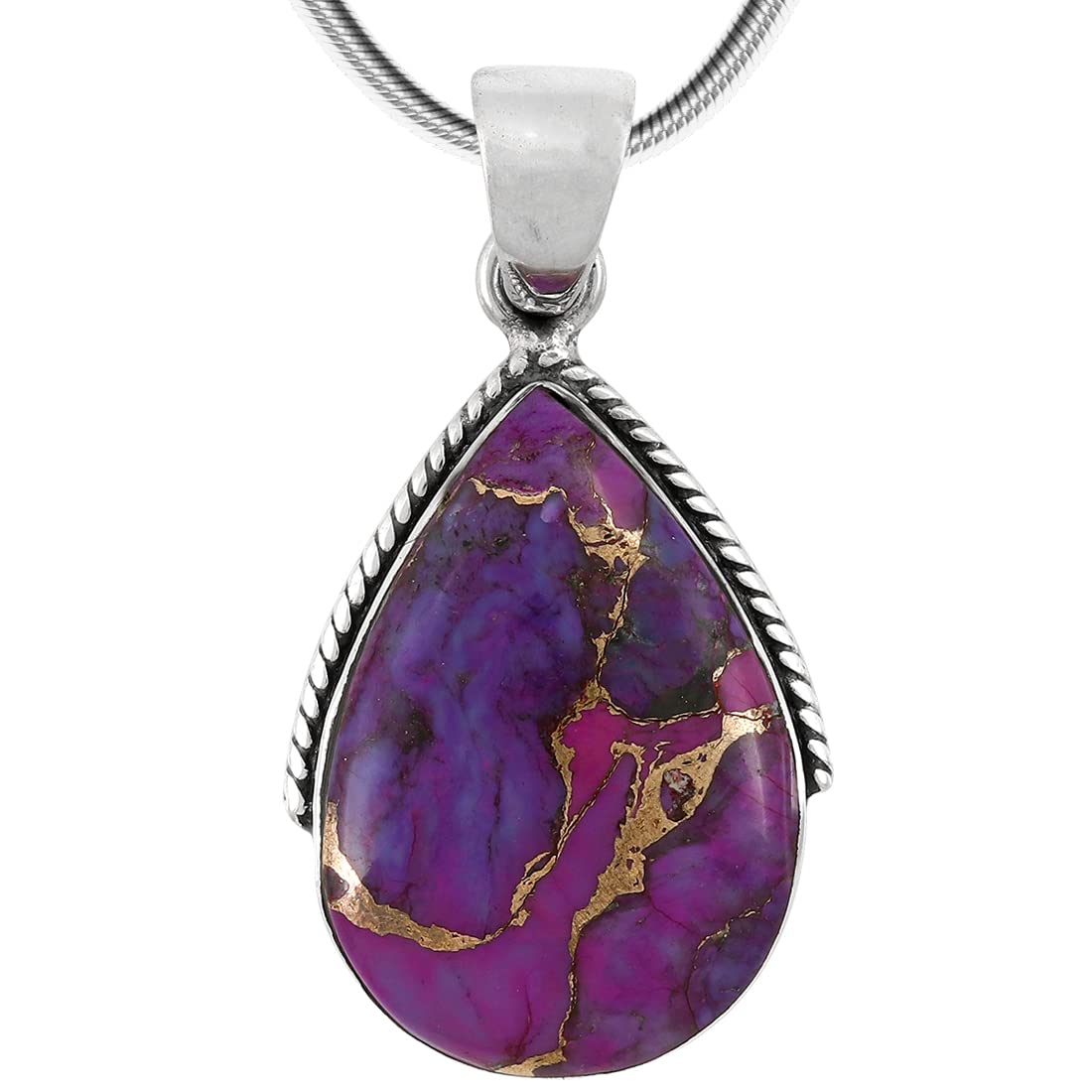 Turquoise Pendant Necklace 925 Sterling Silver Genuine Turquoise with 20" Snake Chain (Purple Turquoise)