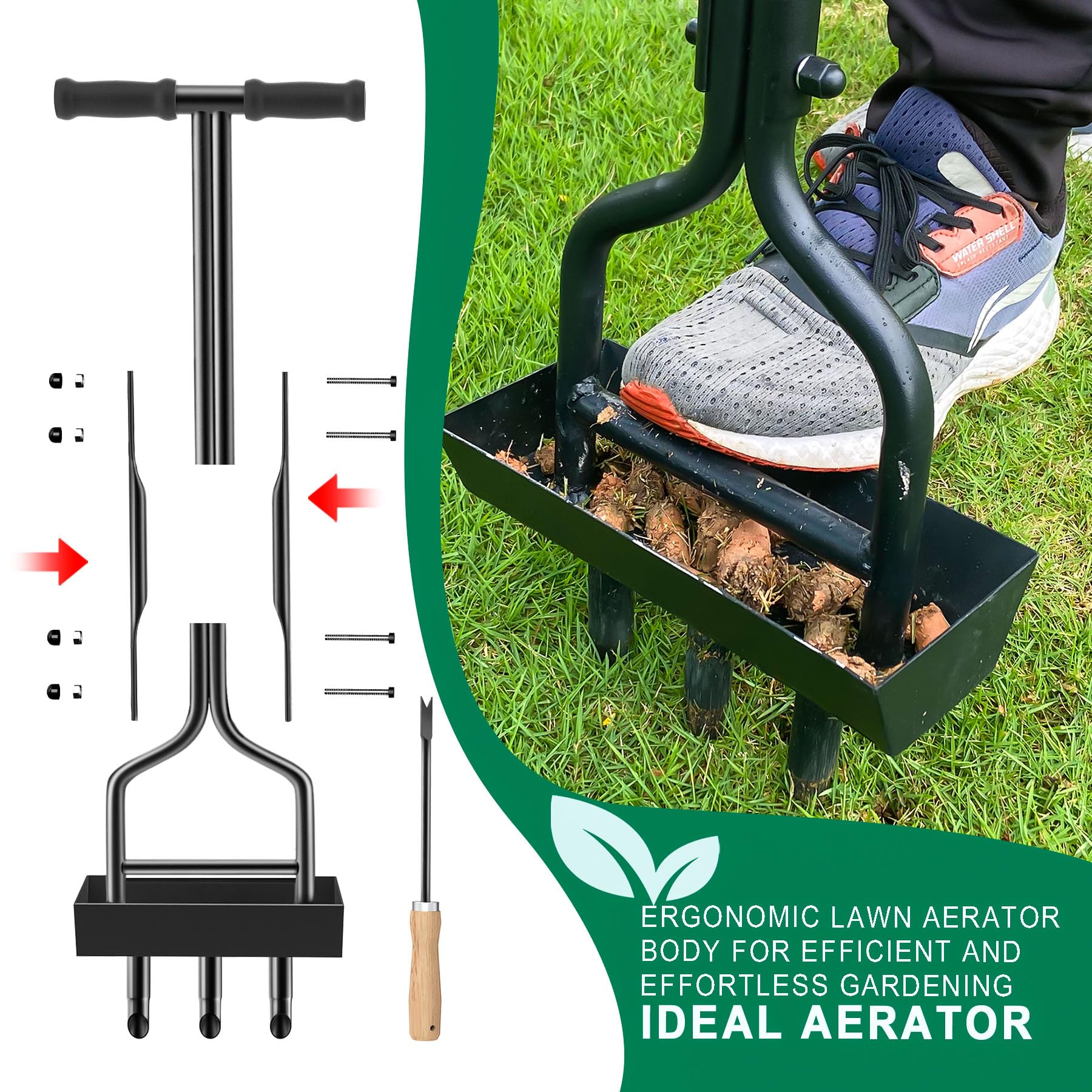 vanpein Lawn Aerator Coring Garden Tool with Soil Core Storage Tray, Manual Yard Plug Aerators & Clean Tool, Grass Aeration Gardening Tools with 3 Tines for Lawn Care, Compacted Soil, 37.6β