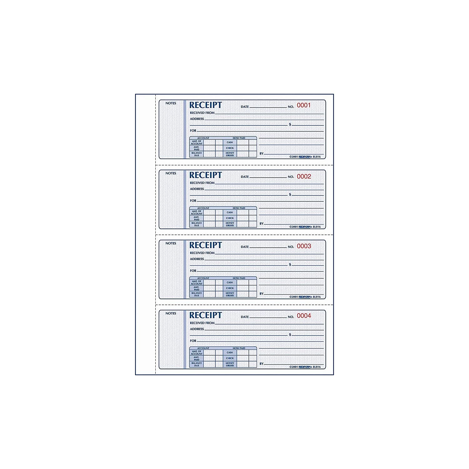 Rediform® Money Receipt Book, Hardcover, Three-Part Sets, White/Yellow/Pink, 200 Carbonless Numbered Triplicate Forms, 2.75" x 7" (8L818)