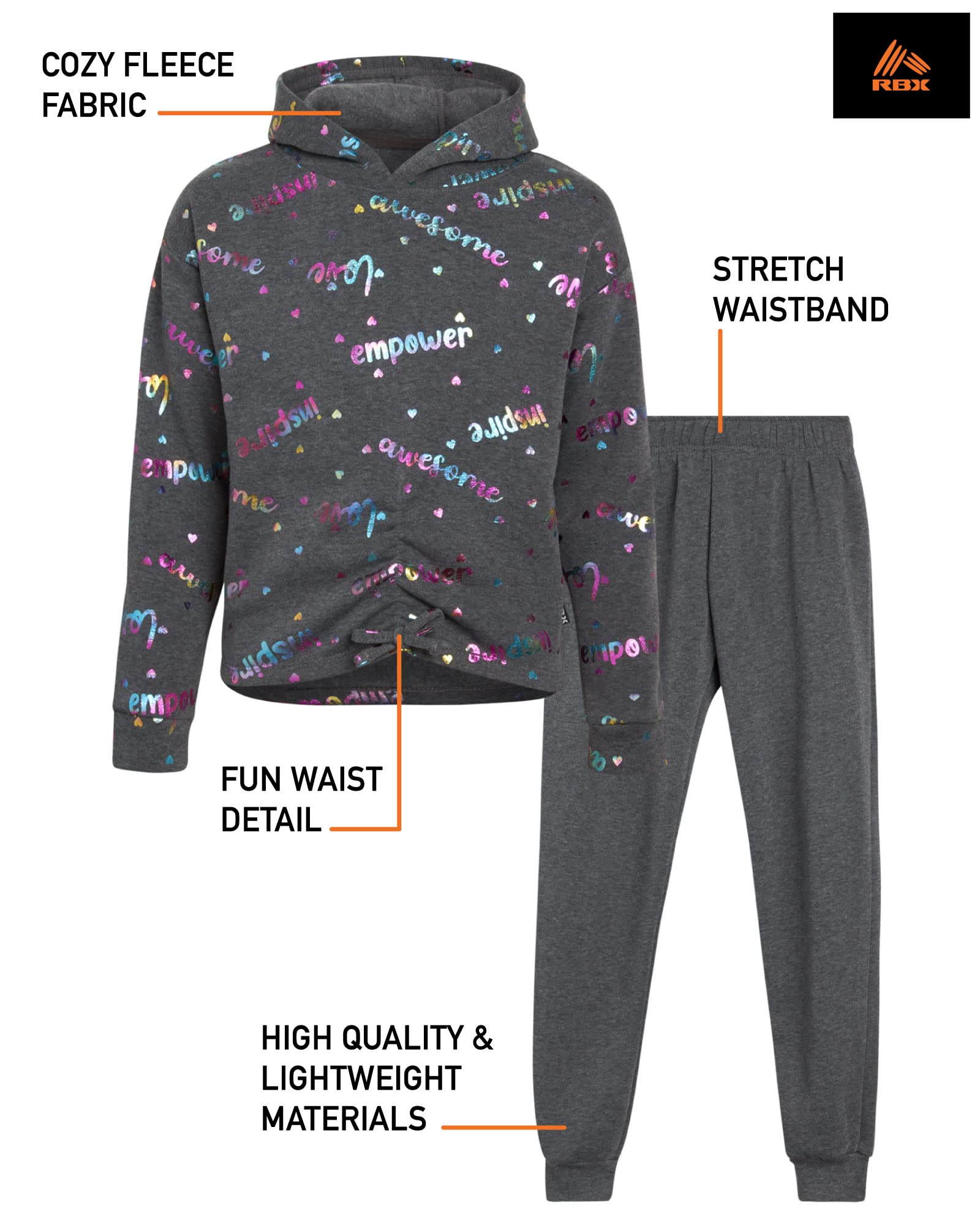 RBX Girls' Active Sweatsuit Set - 2 Piece Fleece Hoodie Sweatshirt and Jogger Pants (Size: 7-16), Size 10/12, Charcoal Inspire