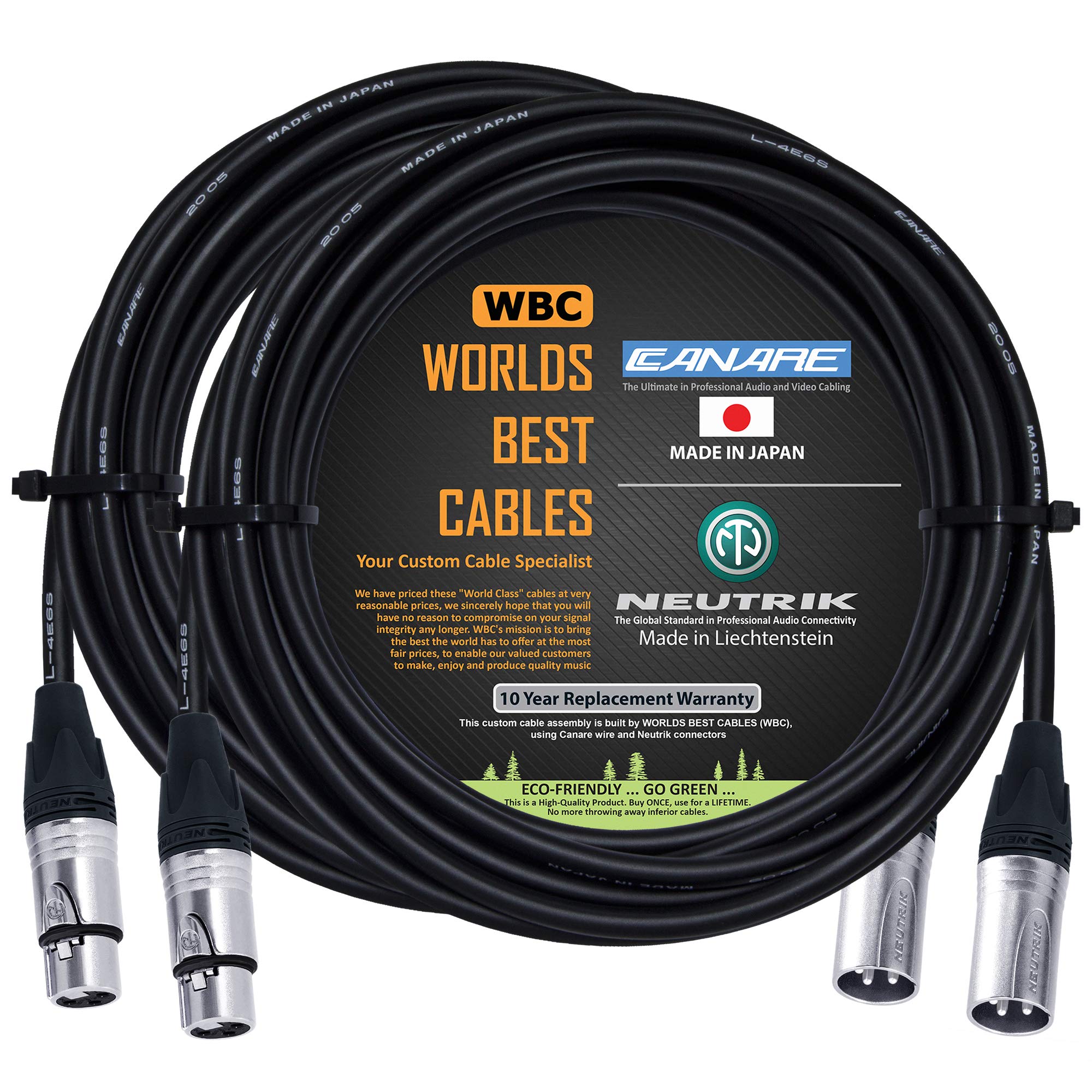 WORLDS BEST CABLES 2 Units - 30 Foot ā Quad Balanced Microphone Cable Custom Made Using Canare L-4E6S Wire and Neutrik Silver NC3MXX Male & NC3FXX Female XLR Plugs
