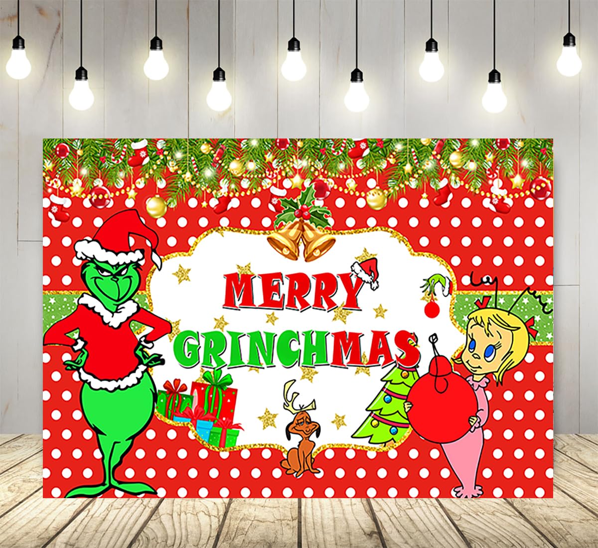 Red Backdrop for Christmas Party Supplies 5x3ft Grinch and Girl Photo Background Merry Christmas Photography Backdrop Grinchmas Banner