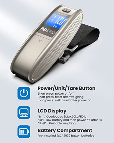 RENPHO Luggage Scale, Travel Essentials, Portable Digital Suitcase Weight Scale with Backlit LCD Display for Travel, Baggage Weighing Scale with Tare Function, 110lb/50kg, Battery Included