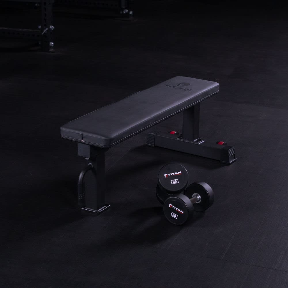 Titan Fitness Tri-Pod Competition Flat Weight Bench, 1,000 LB Capacity, Dedicated Home Gym Weightlifting & Strength Training Utility Bench, HeftyGrip Vinyl Upholstery, Front Handle & Rear Wheels