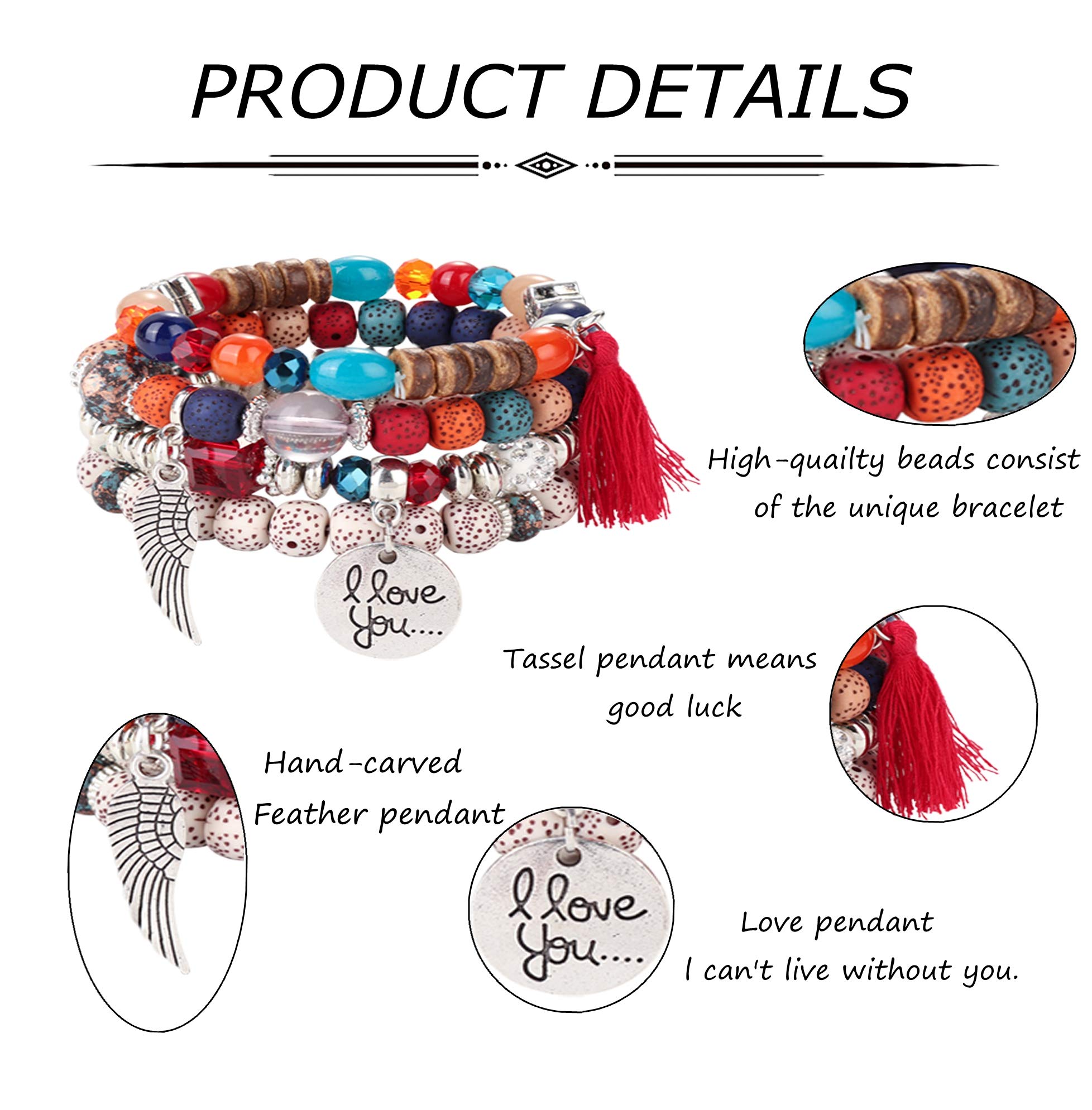 YADOCA 8 Pcs Bohemian Wood Beaded Bracelets Set for Women Boho Multilayer Tassel Strand Elephant Charm Bracelets Stretch