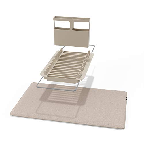 Umbra Udry Rack and Microfiber Dish Drying Mat-Space-Saving Lightweight Design Folds Up for Easy Storage, Over The Sink, Latte