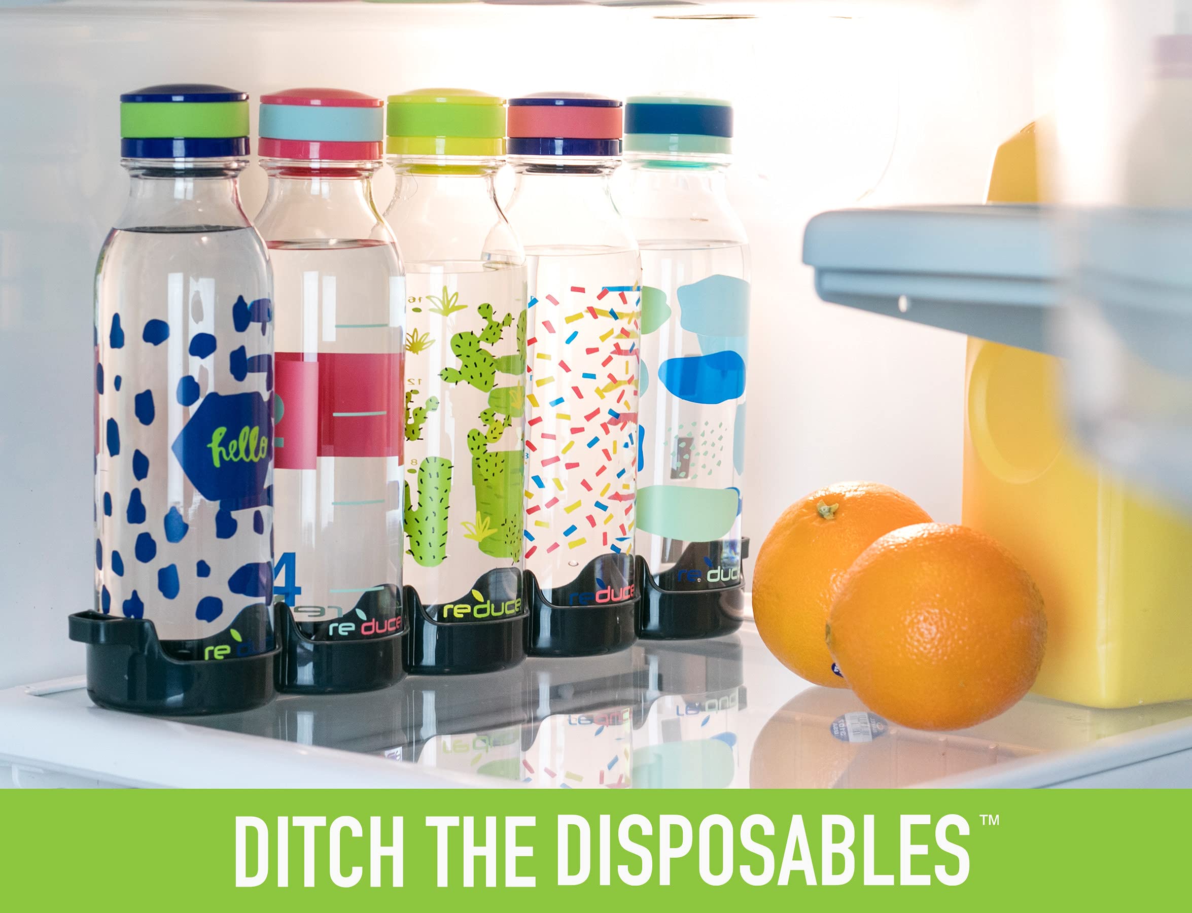 Reduce WaterWeek Reusable Water Bottle Set, 20oz β Plastic Reusable Water Bottle Set of 5, Plus Fridge Tray β BPA-Free, Leak Proof Twist Off Cap β Bliss