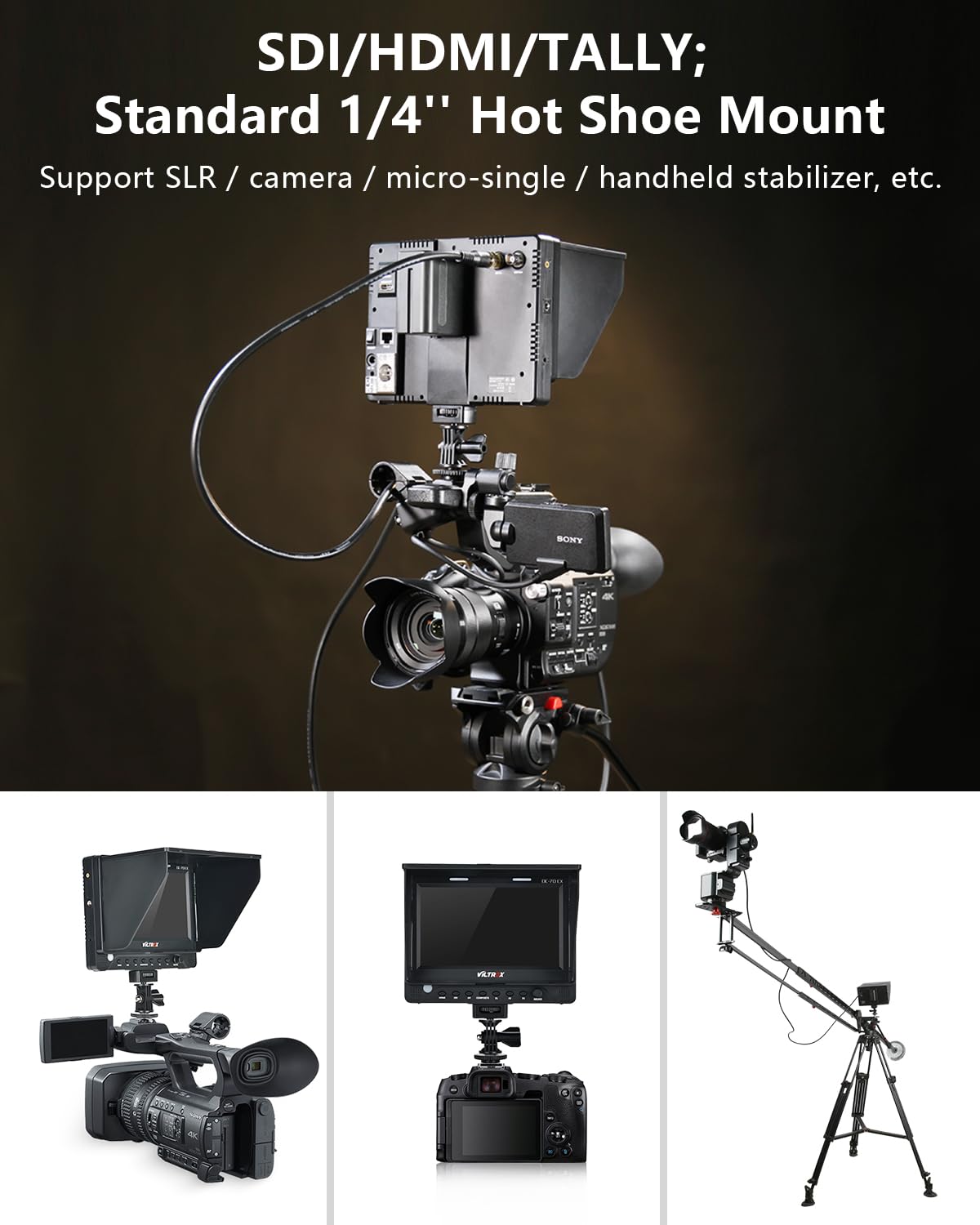 VILTROX DC-70EX 7" 4K HD 1024x600 HDMI/SDI/AV Input Output Camera Video LCD Monitor Display for DSLR, with hot Shoe Adapter