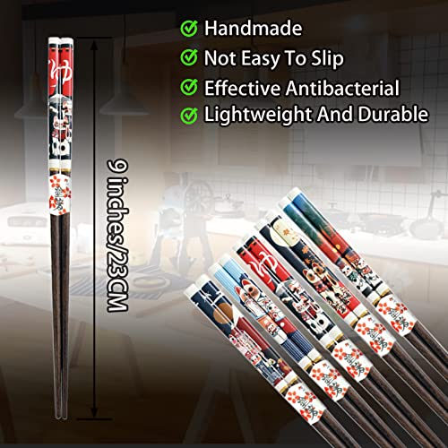 WORCAS 5 Pairs Hardwood Chopsticks Reusable, 9.0Inch/23cm Japanese Style Natural Wood Chop Stick Hand-Carved Chopstick (Anti ceramic pattern)