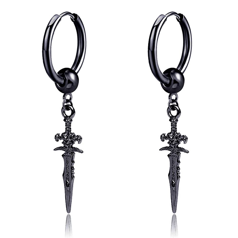 Sword Drop Dangle Small Hoop Earrings for Women Men Stainless Steel Engrave Animal Cross Dagger Halloween Statement Charms Drop Dangling Hoops Cuff Cartilage Wrap Vintage Punk Pray Jewelry (Black)