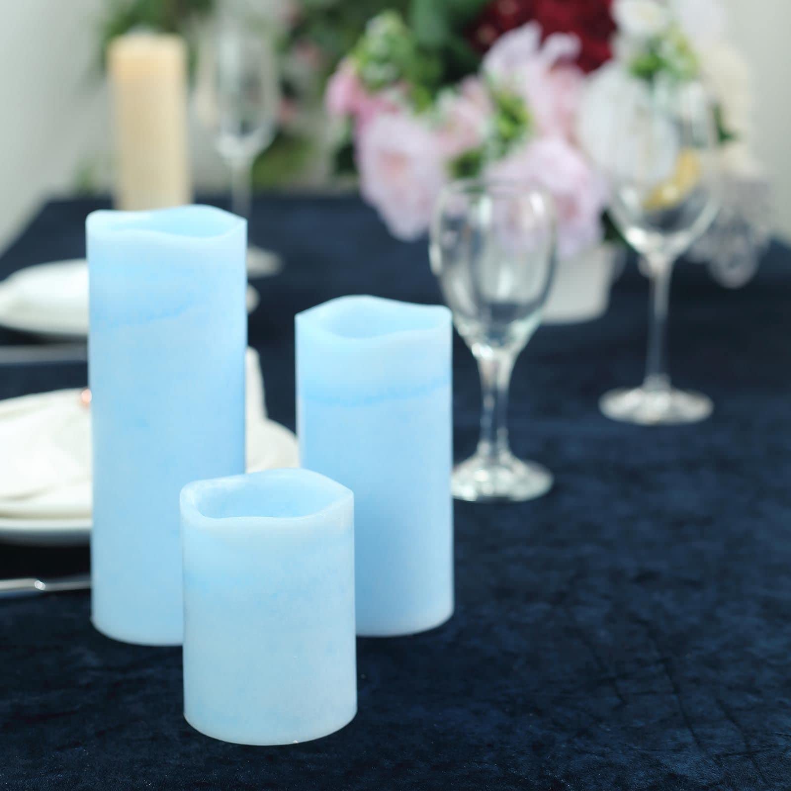 Tableclothsfactory Set of 3 Blue Flameless Candles Battery Operated LED Pillar Candle Lights with Remote Timer - 4" / 6β / 8β