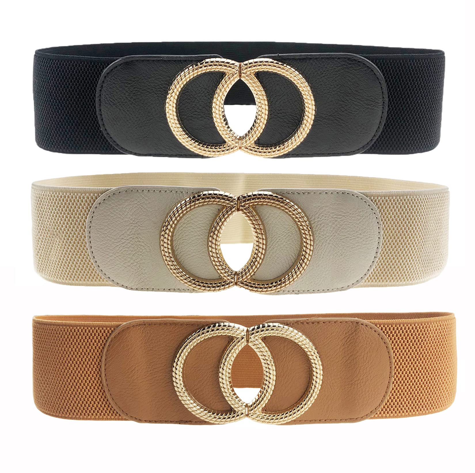 Swtddy 3 Pack Womens Vintage Wide Elastic Stretch Waist Belt For Dresses (Golden O Design Black+Beige+Camel, Suit For Waist Size 27"-35")