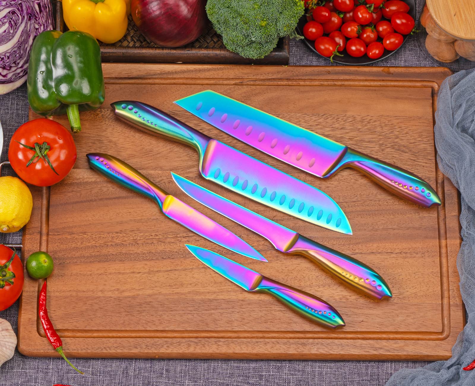 WELLSTAR Rainbow Knife Set 5 Piece, Razor Sharp German Stainless Steel Blade with Iridescent Titanium Coated, Kiritsuke Santoku Boning Utility Paring for Kitchen Cutting Dicing Filleting and Peeling