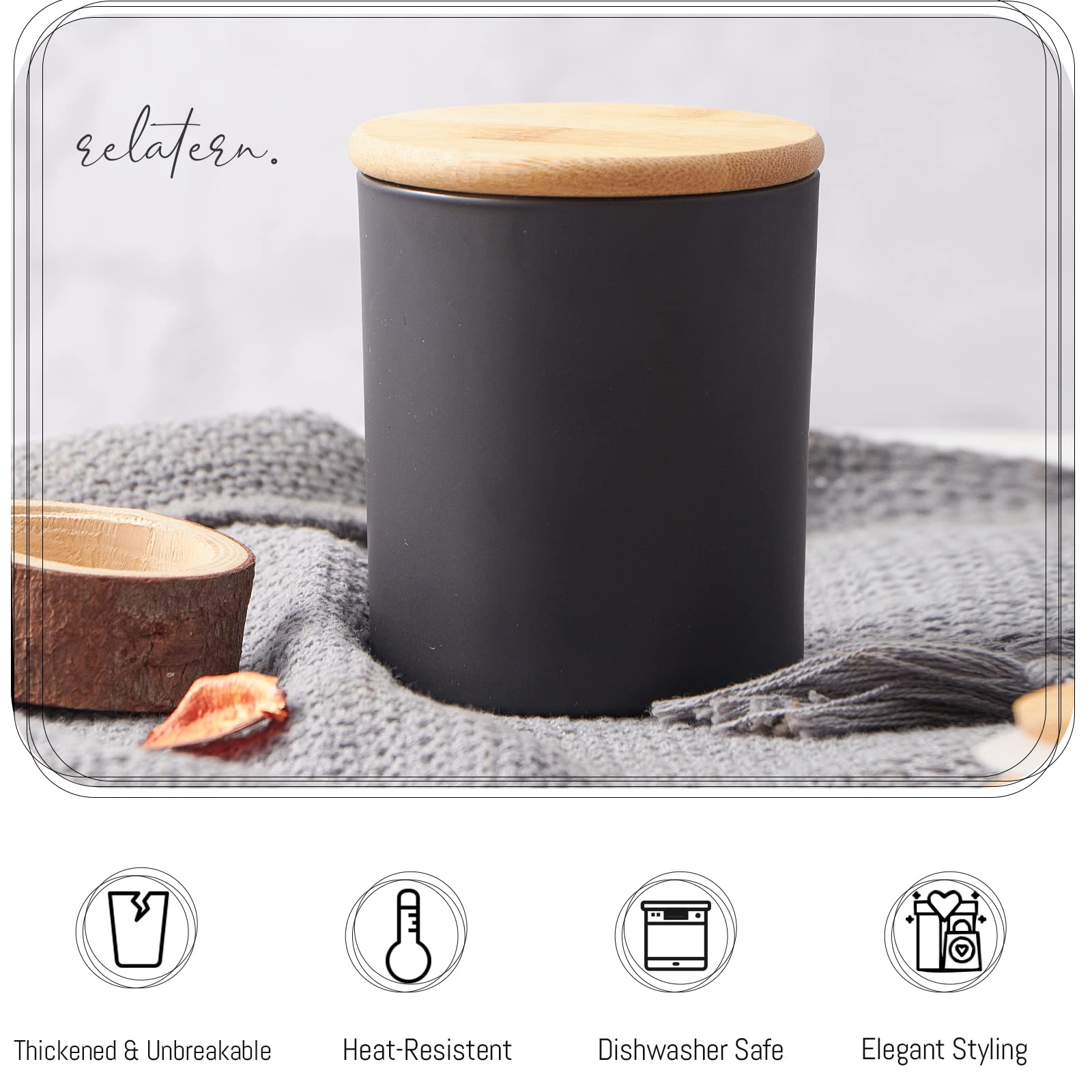 Relatern 6-Pack 8 Oz Candle Containers for Making Candles - Glass Candle Vessels with Bamboo Lids for DIY Candle, Bulk Empty Frosted Candle Jars, Black