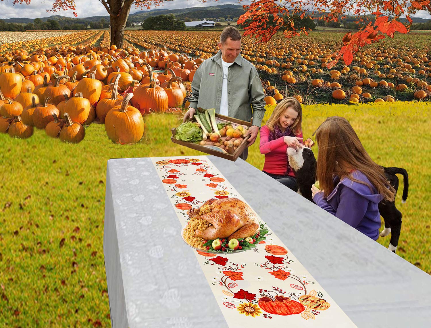Simhomsen Fall or Autumn Harvest Table Runner for Thanksgiving, Appliqued Pumpkins, Sunflowers and Maple Leaves (14 × 70 inch)