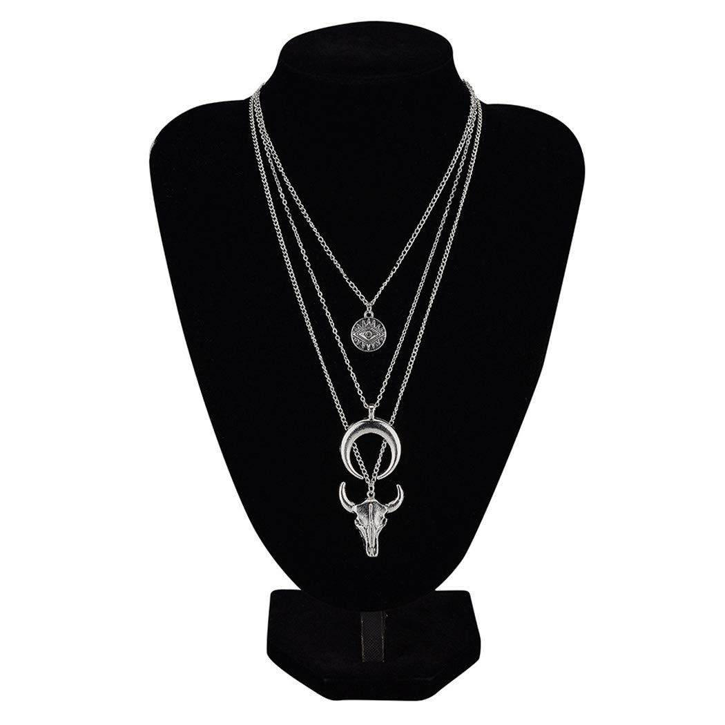 TWINKLEDE Boho Layered Necklace Silver Moon Pendant Necklaces Chain Evil Eye Bull Head Necklace Jewelry for Women (Silver Moon Evil Eye)