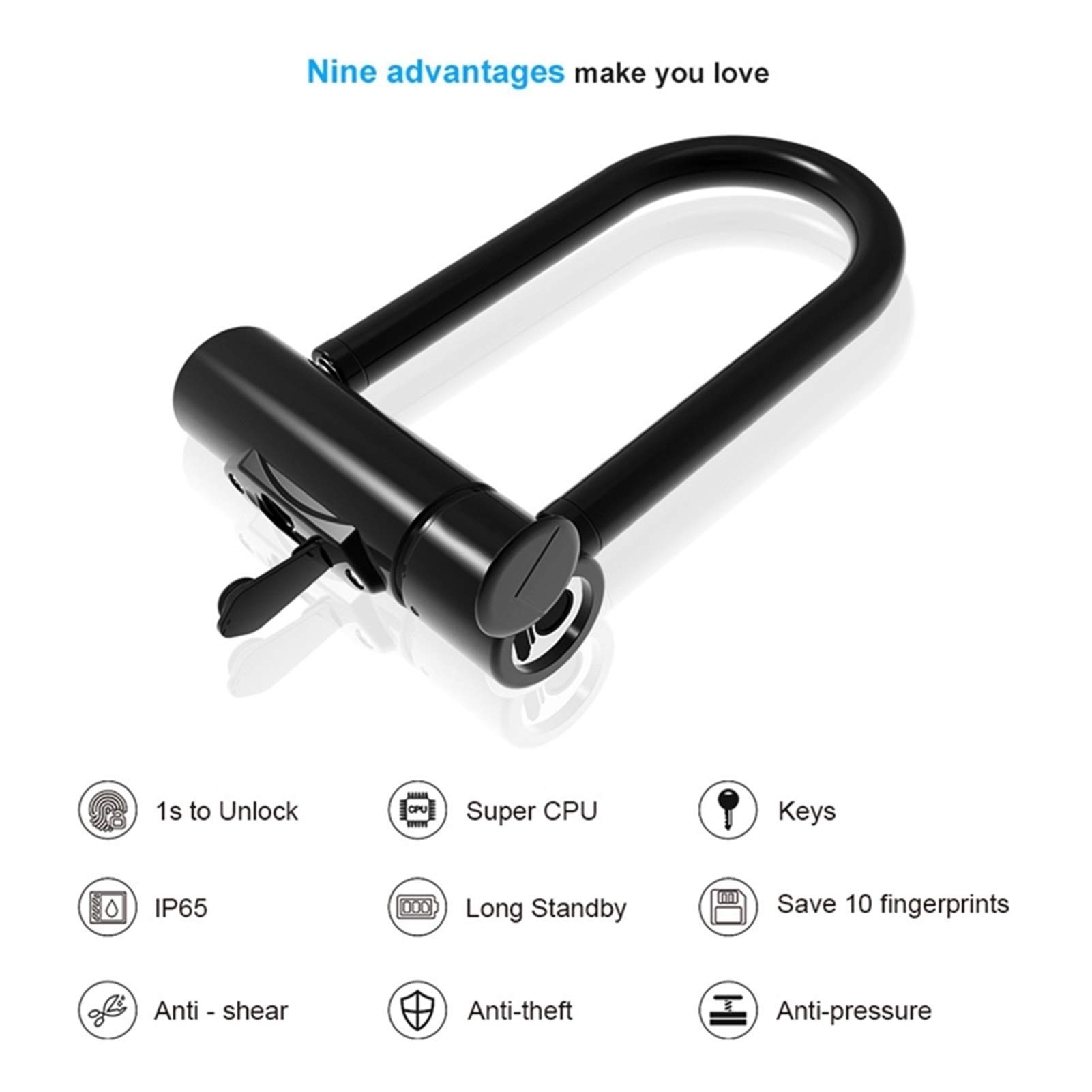 SXCLS Bike U-Lock Heavy-Duty U-Shaped Electronic Fingerprint Lock Padlock USB Rechargeable Charging Key for Scooter Bicycle Glass Door U-Lock (Color : Black)