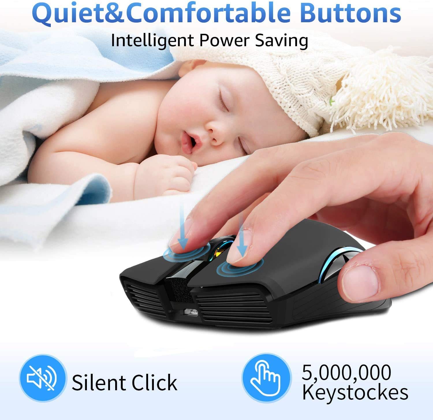 WREWING Bluetooth Mouse, 2.4G & Bluetooth Dual Mode Rechargeable RGB Gaming Mouse, Silent Click Noiseless Laptop Mouse Compatible with PC,Mac, Android, Windows (Black)