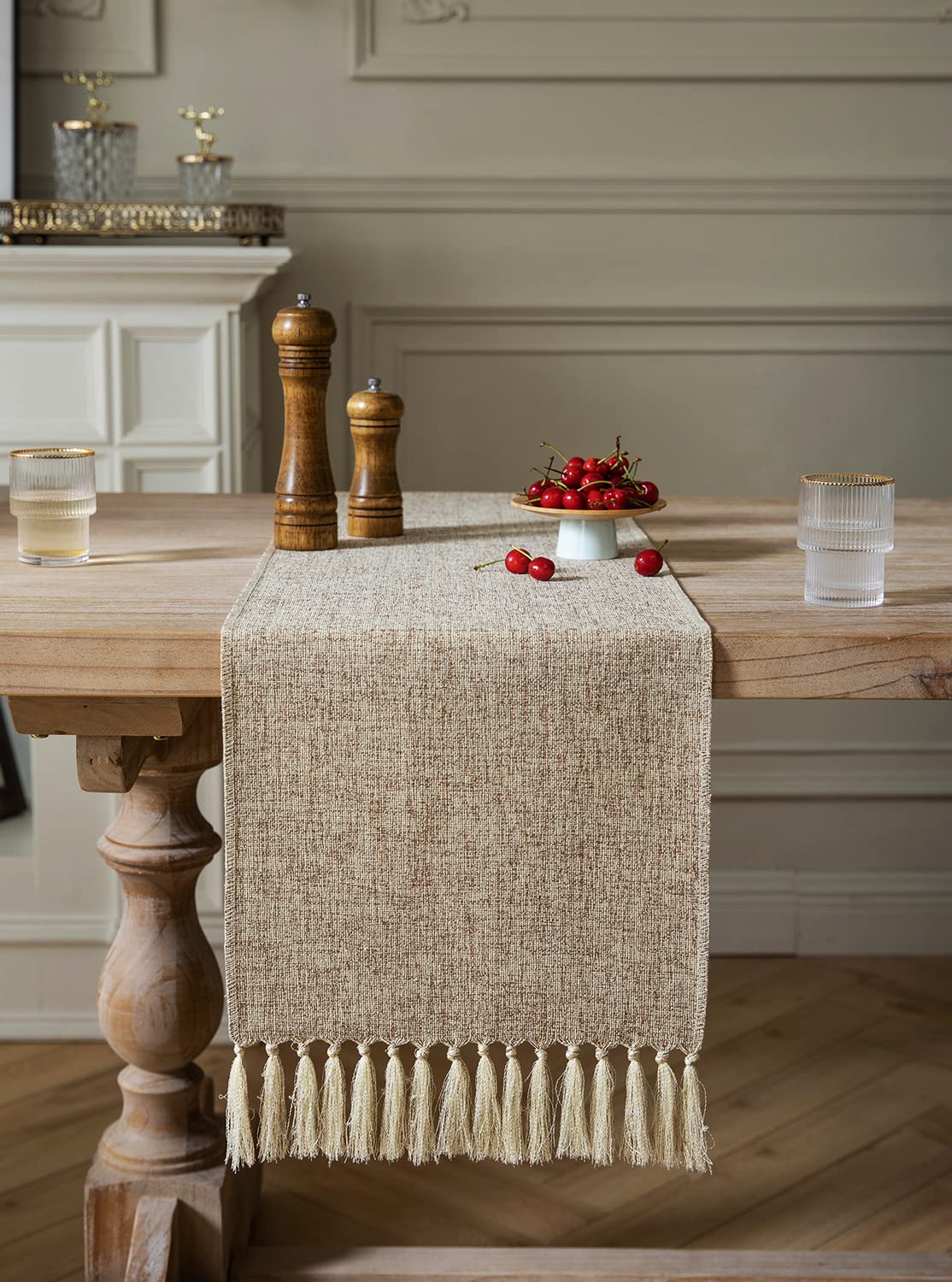 ZeeMart Beige Table Runners 90 Inches Long, Burlap Linen Style Rustic Farmhouse Table Runner, Long Boho Dining Table Runner, 13x90 Inches, Oatmeal Beige