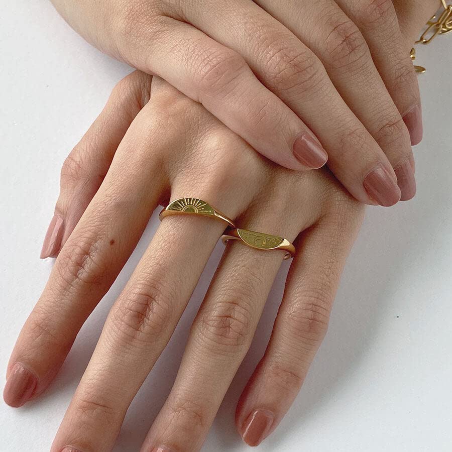 Wanderlust + Co Sun & Moon Gold Ring Set (Size 8) 14K Gold Plated Hypoallergenic Shower-safe Jewelry