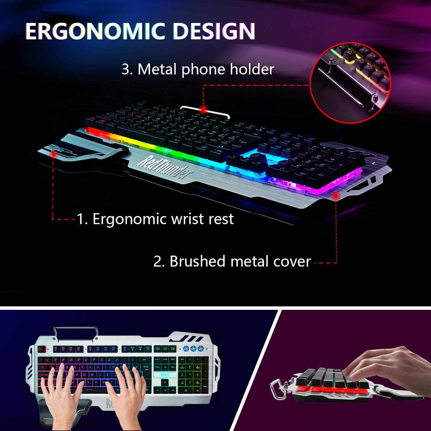 RedThunder K900 Gaming Keyboard, RGB Backlit Semi Mechanical Keyboard with Wrist Rest, Water-Resistant USB Wired Hybrid Ergonomic Keyboard, Teclado Gamer for Desktop Computer PC Mac PS4