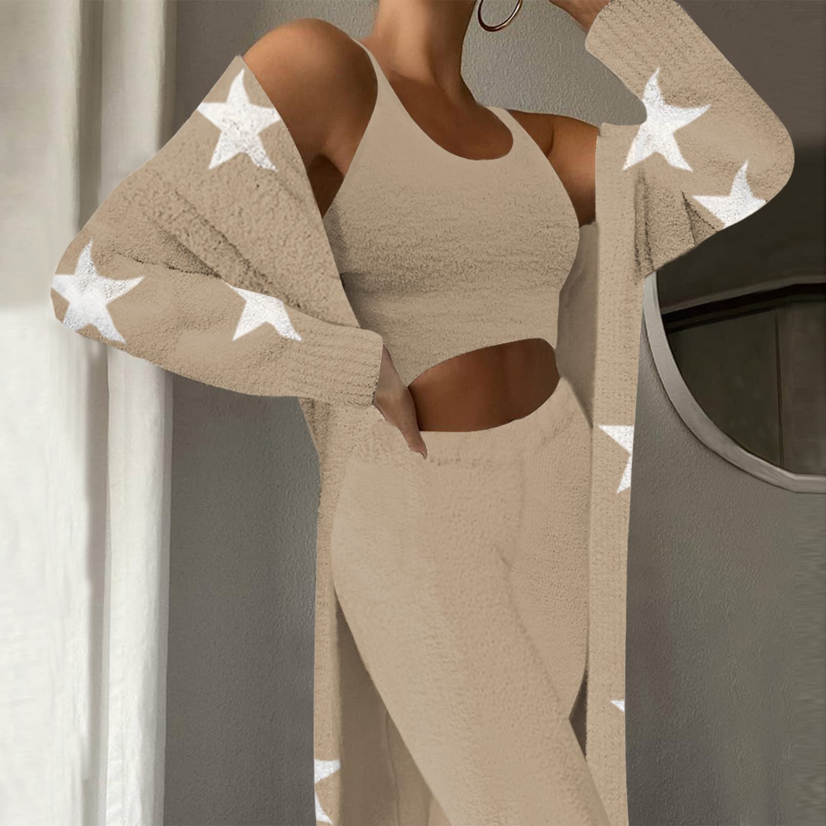VamJump Women Fuzzy 3 Piece Tracksuits Open Front Cardigan Tank Top High Waist Pants Set,Khaki,L