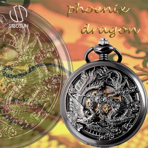 SIBOSUN Pocket Watch Antique Dragon Mechanical Skeleton Double Cover with Chain Men - Bronze Blue