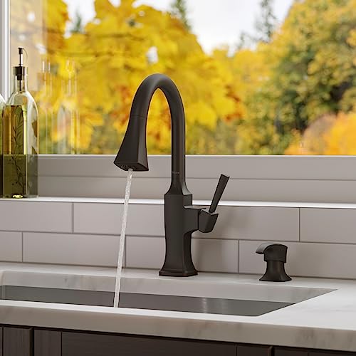 Pfister Kroft Kitchen Faucet with Pull Down Sprayer and Soap Dispenser, Single Handle, High Arc, Matte Black Finish, F5297KFB
