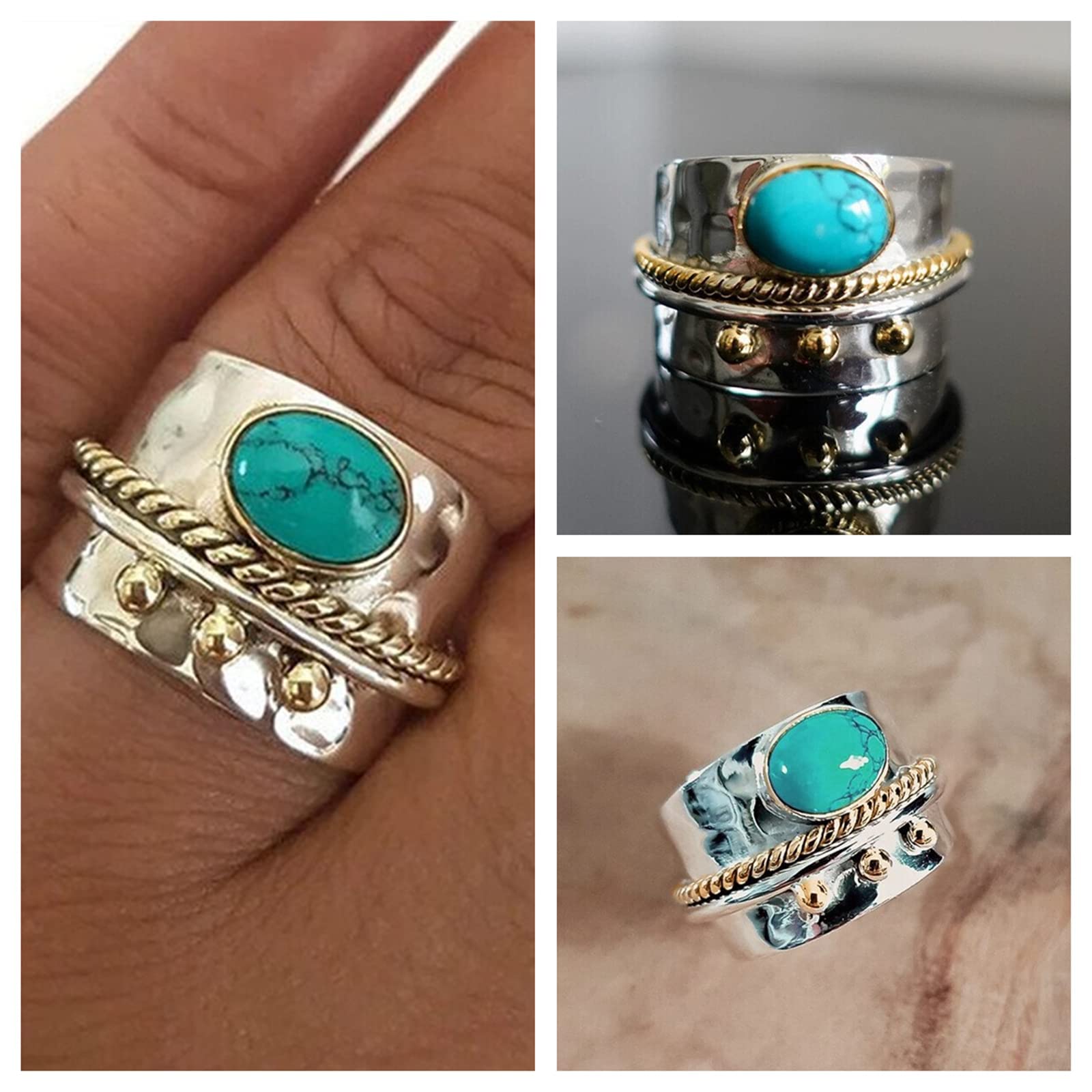 XLAQ Turquoise Wide Band Ring, Boho Vintage Two Tone Ring, Exquisite Rings Gift for Festival Birthday Anniversary (US10)