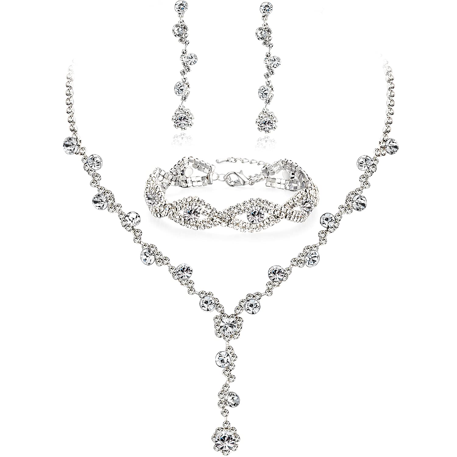 YANODA Clear Crystal Wedding Jewelry for Bride Rhinestone Necklace Earrings Bracelet Jewelry Set for Wedding Silver-Tone Bridal Bridesmaid Wedding Evening Party Prom Jewelry Set