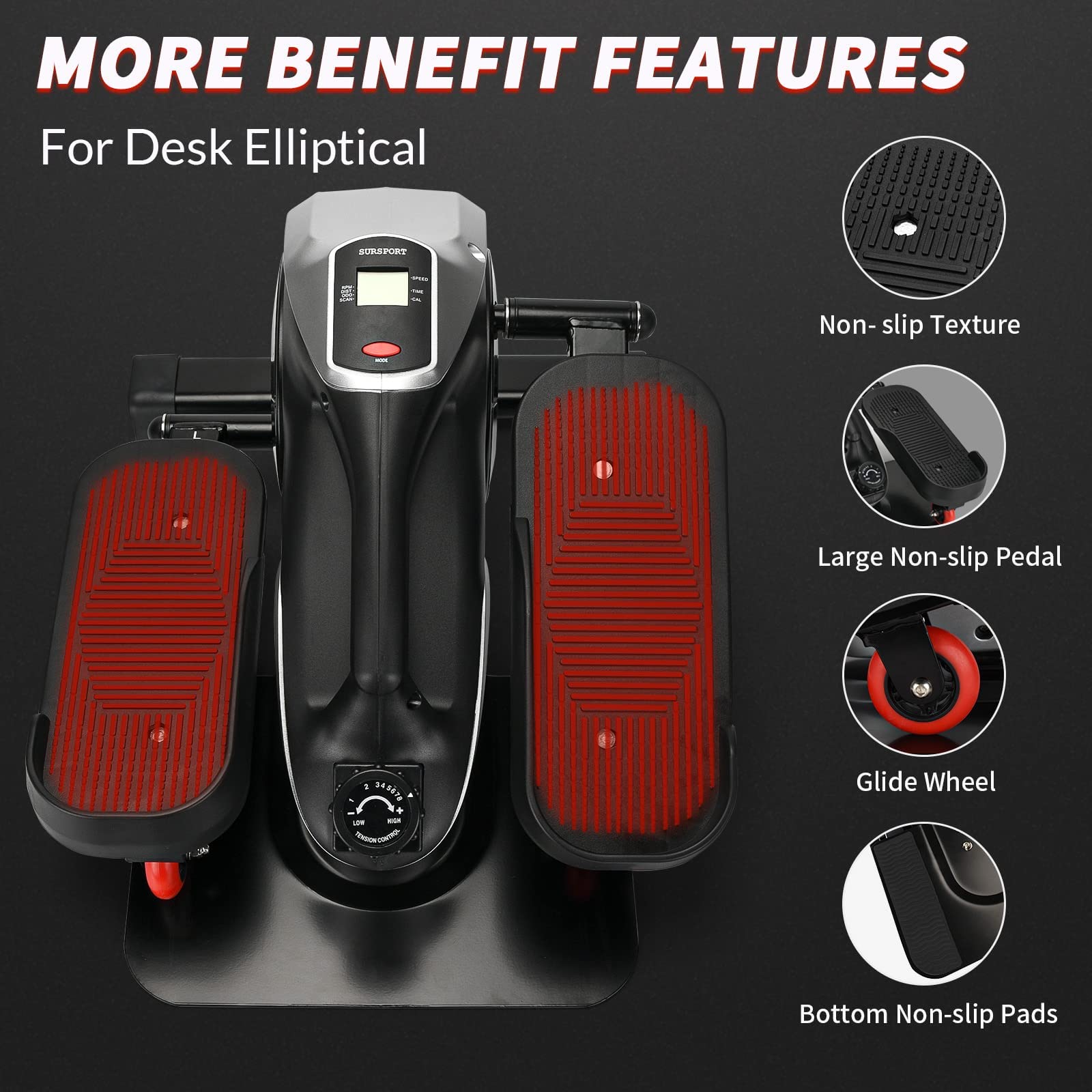 Under Desk Elliptical, SURSPORT Foot Pedal Exerciser, Mini Elliptical Machine Whisper Quiet Adjustable Smooth Magnetic Resistance with Non-Slip Pedals & Digital Monitor