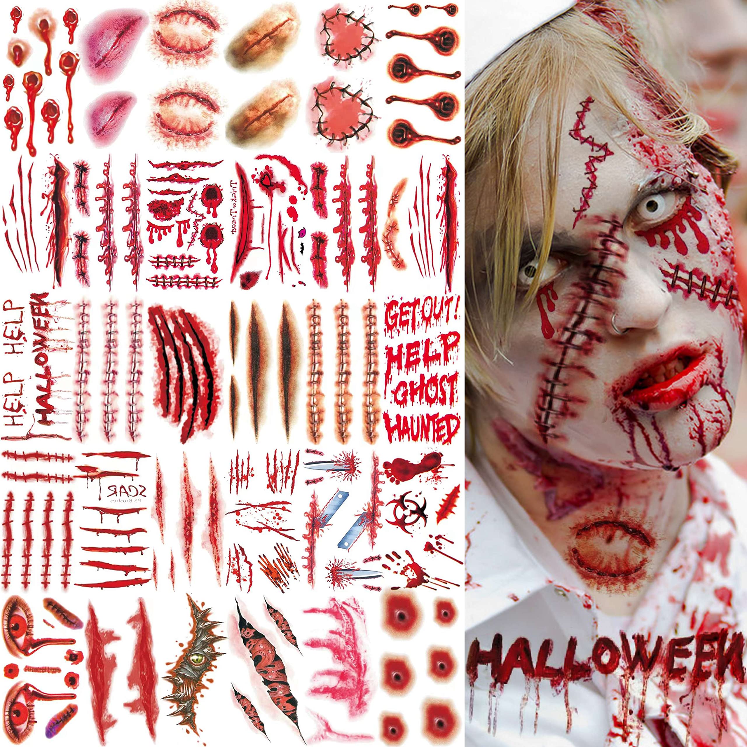 VANTATY 215+ PCS 30 Sheets 3D Fake Scars Tattoo Temporary Halloween Makeup Kit, Fake Stitches Tattoos Cut Scary Face Wound Blood Chucky Scars Tatoos For Kids Women Men Boys Girls Zombie Sticker