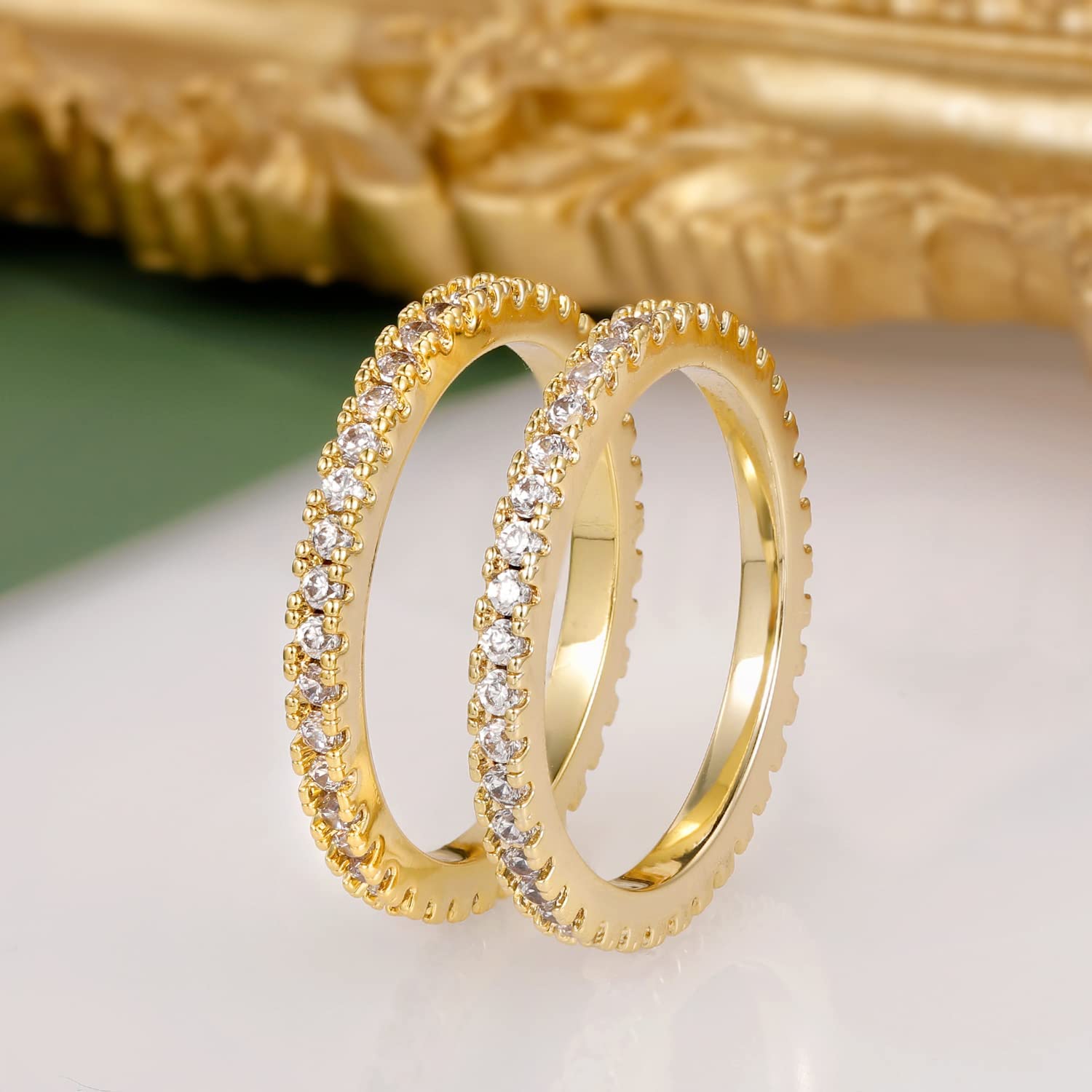 VOLUKA Eternity Band Rings Pack 18K Gold Plated Cubic Zirconia Stackable Ring Simulated Diamond Band for Women Men Engagement Promise Rings Size 7.5