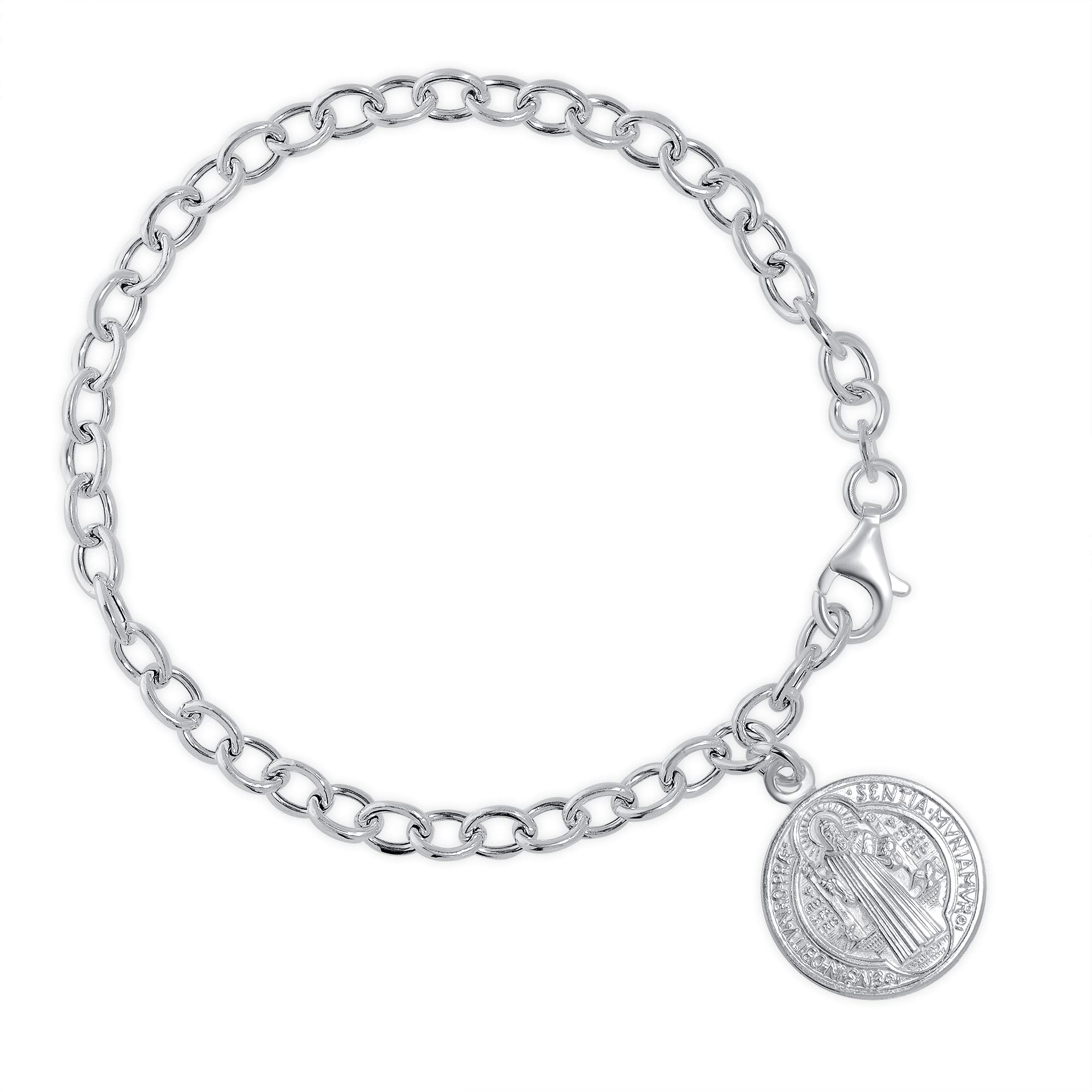 World Jewels 925 Sterling Silver St. Benedict Italian Charm Bracelet - Religious Jewelry Gifts for Women, Chain Link Bracelet, Simple & Silver Italian Jewelry - Catholic Gifts, Fits 7.5 Inch Wrist