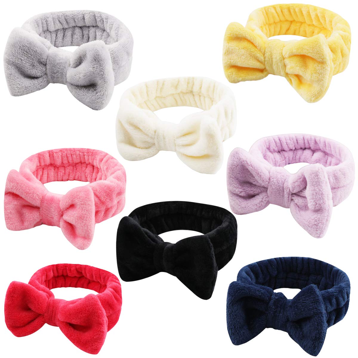 TOBATOBA Soft Bow Hair Bands - 8 Pack Fluffy Head Wraps for Skincare, Makeup or Shower, Solid Color Cute Headbands for Women