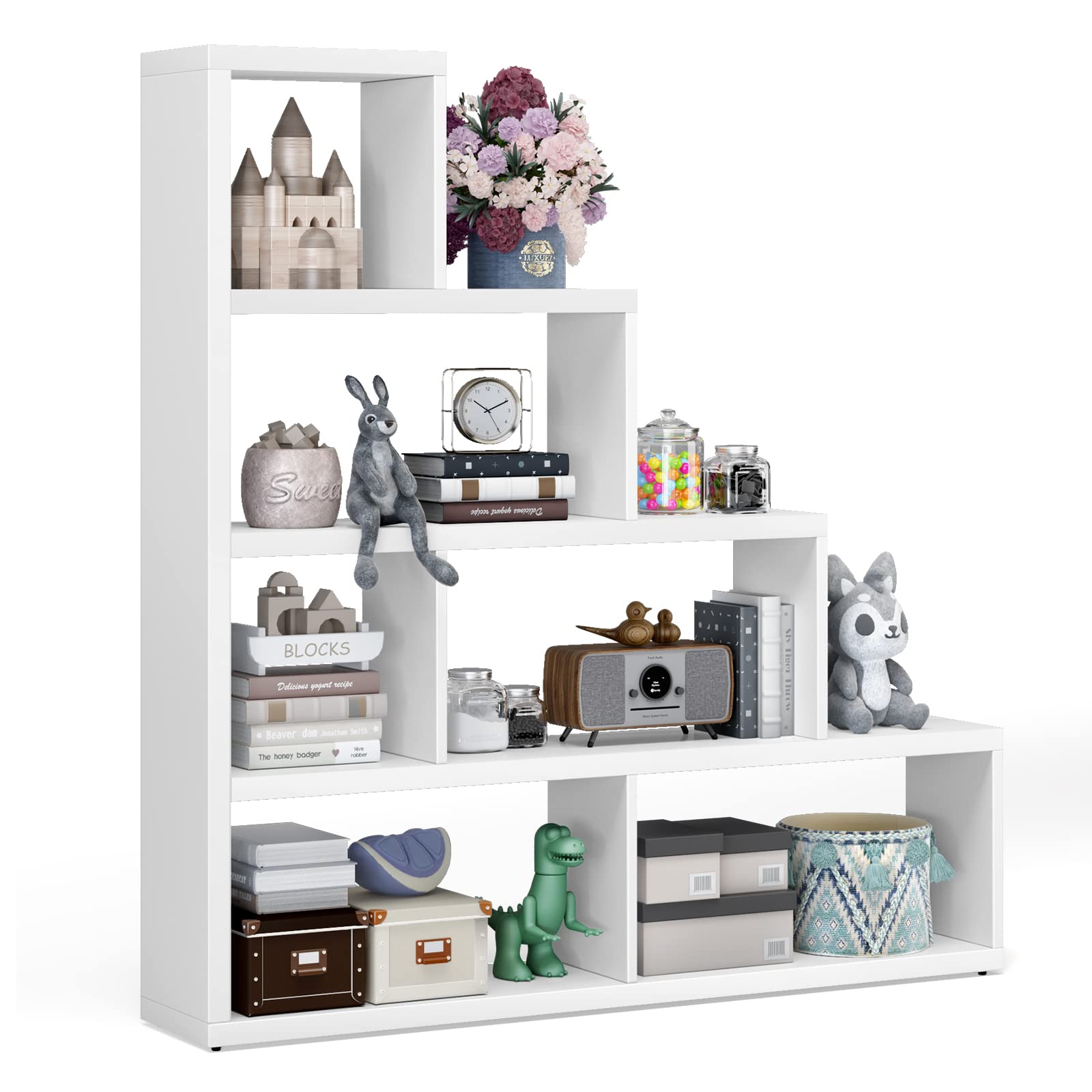 Tangkula 6 Cubes Bookshelf, Freestanding 6-Cube Stepped Etagere Bookcase, L Shaped Ladder Corner Open Bookshelf, Wood Storage Display Shelf for Living Room Home Office, 61 x 11.5 x 64 Inch (White)