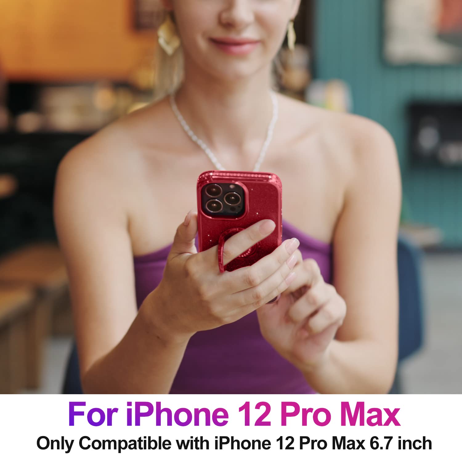 Thomo Compatible with iPhone 12 Pro Max Case,[Bling Kickstand] Cute Glitter Slim Full-Body Protective Bumper Phone Cases for iPhone 12 Pro Max Women Girls-WineRed