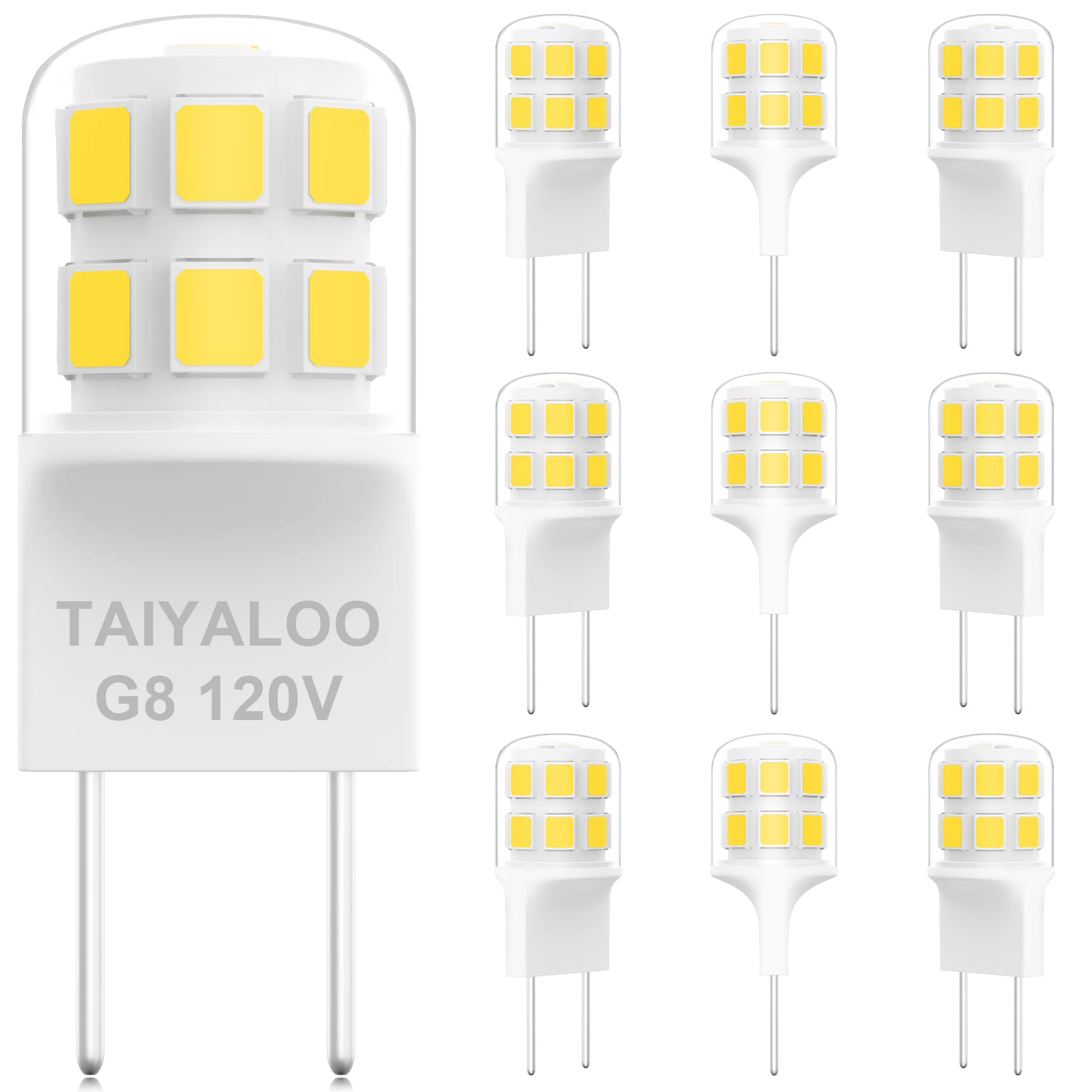 TAIYALOO Dimmable G8 LED Light Bulbs, 20W-25W Halogen Replacement, Natural White 4000K, T4 JCD Type 2-Pin Base, 120V Mini G8 Bulbs for Under Cabinet Puck Light, Under Counter Light (10 Pack)