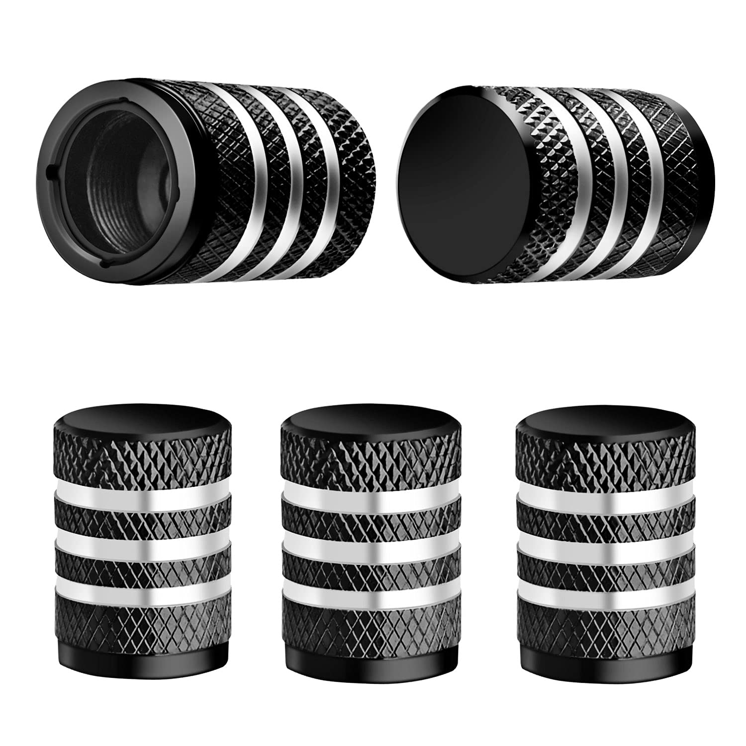 Tire Valve Stem Cap Cover - (5 Pack) Tire Air Caps Metal with Plastic Liner Corrosion Resistant Leak-Proof for Car Truck Motorcycle SUV and Bike Black
