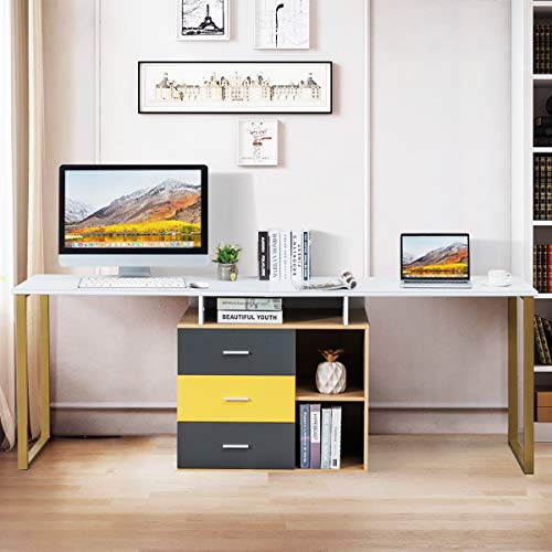 Tangkula 87 inch 2-Person Desk with 3 Storage Drawers & Shelves, Large Computer Desk, Multifunctional L-Shaped Desk Writing Desk Computer Workstation with Spacious Desktop, Home Office Desk