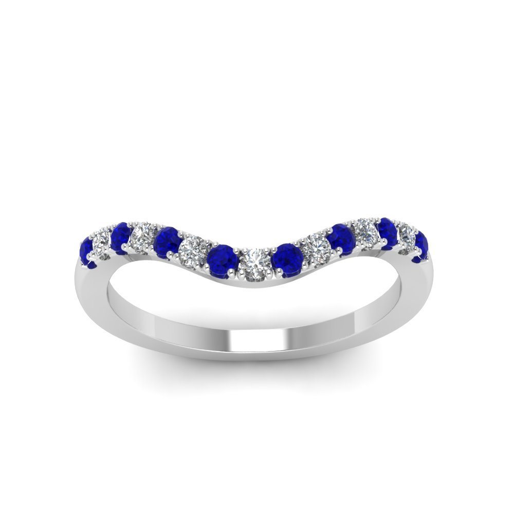 tusakha Blue Sapphire & White CZ 18k White Gold Over .925 Sterling Silver Curved Engagement Wedding Band Ring For Womens