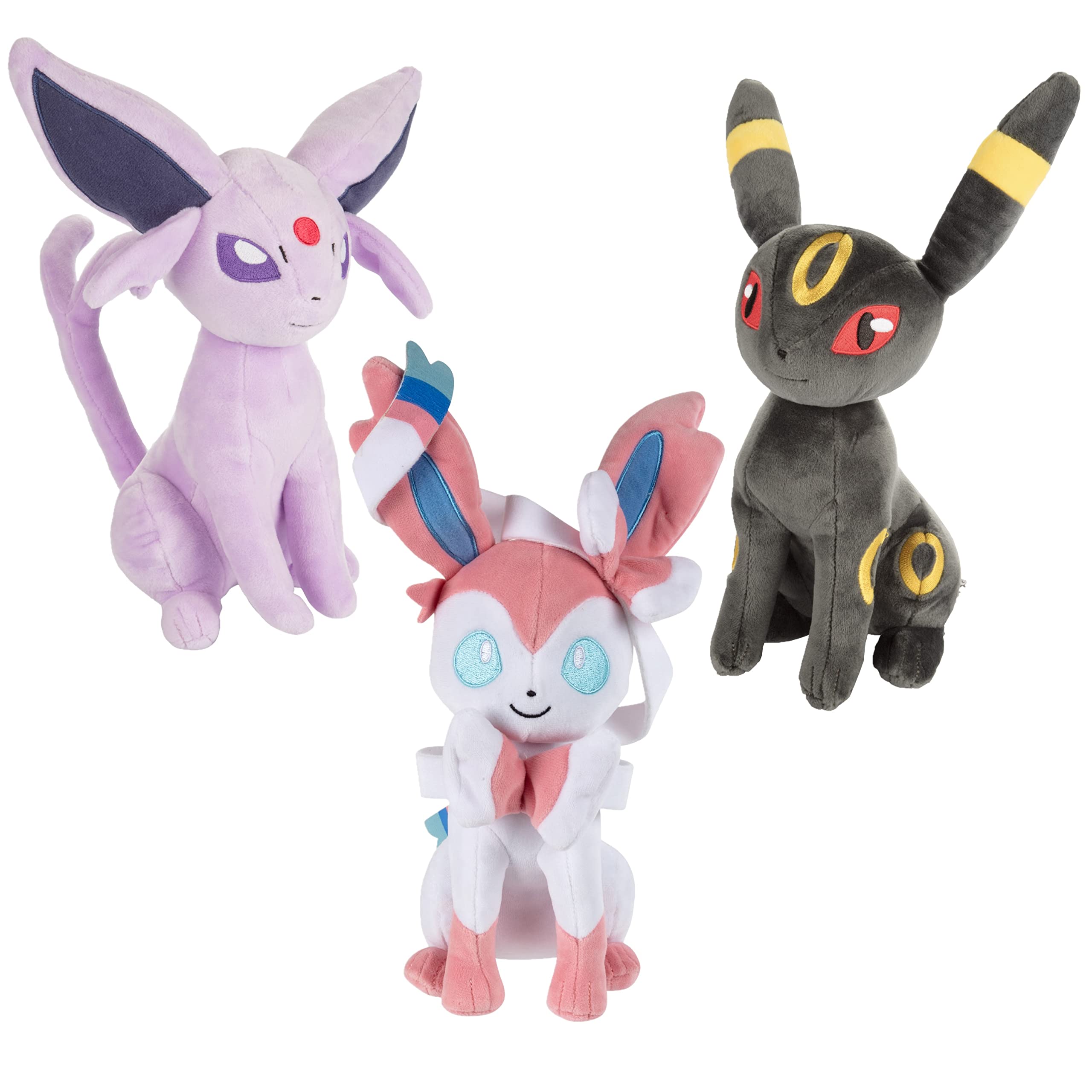 Pokemon 8" Sylveon, Espeon & Umbreon Plush Stuffed Animal Toys, 3-Pack - Eevee Evolution - Officially Licensed - Gift for Kids