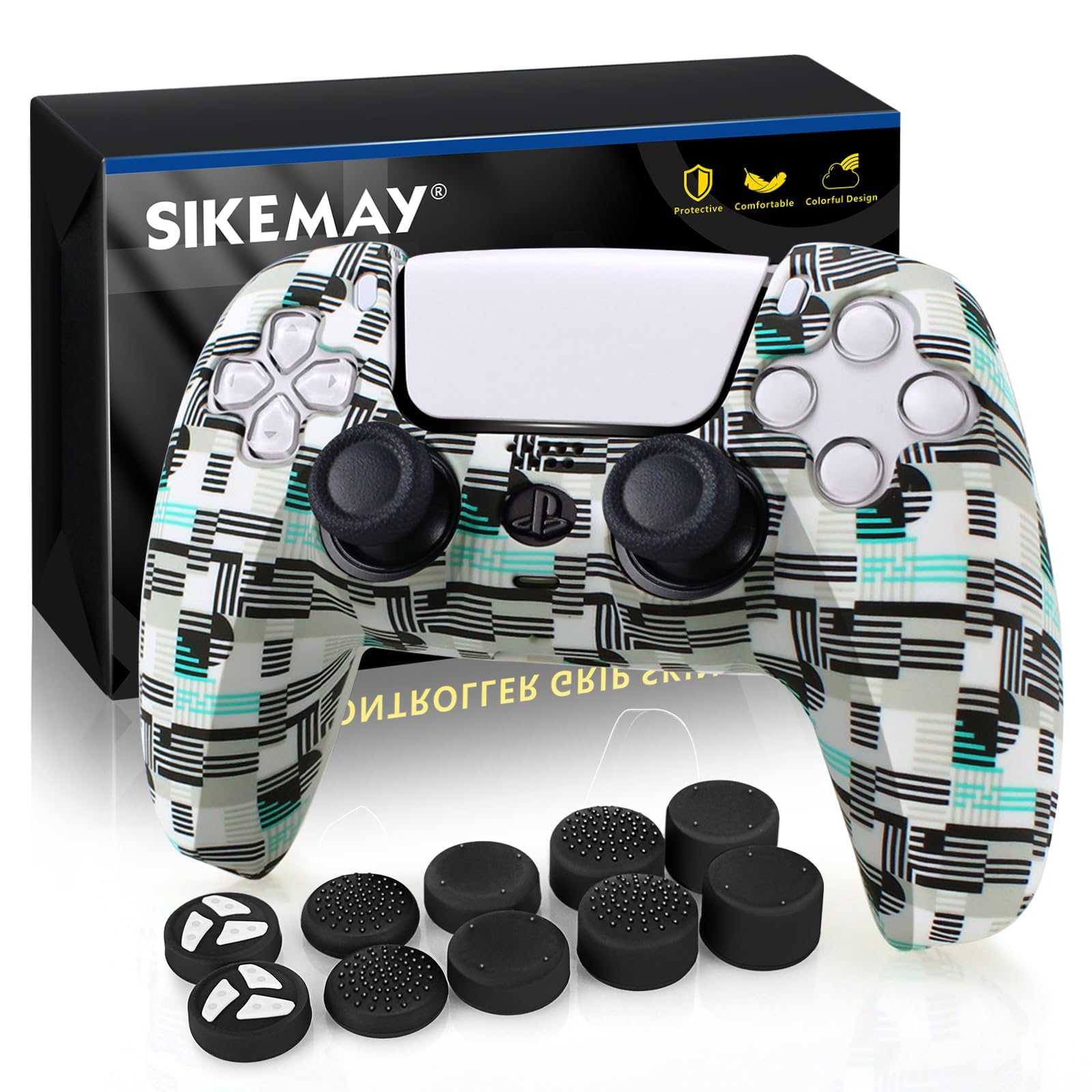 SIKEMAY PS5 Controller Cover Skin Case, Anti-Slip Thicken Silicone Protective, Perfectly Compatible with Playstation 5 Controller Grip with 10 x Thumb Grip Caps (Gray-Blue Plaid)