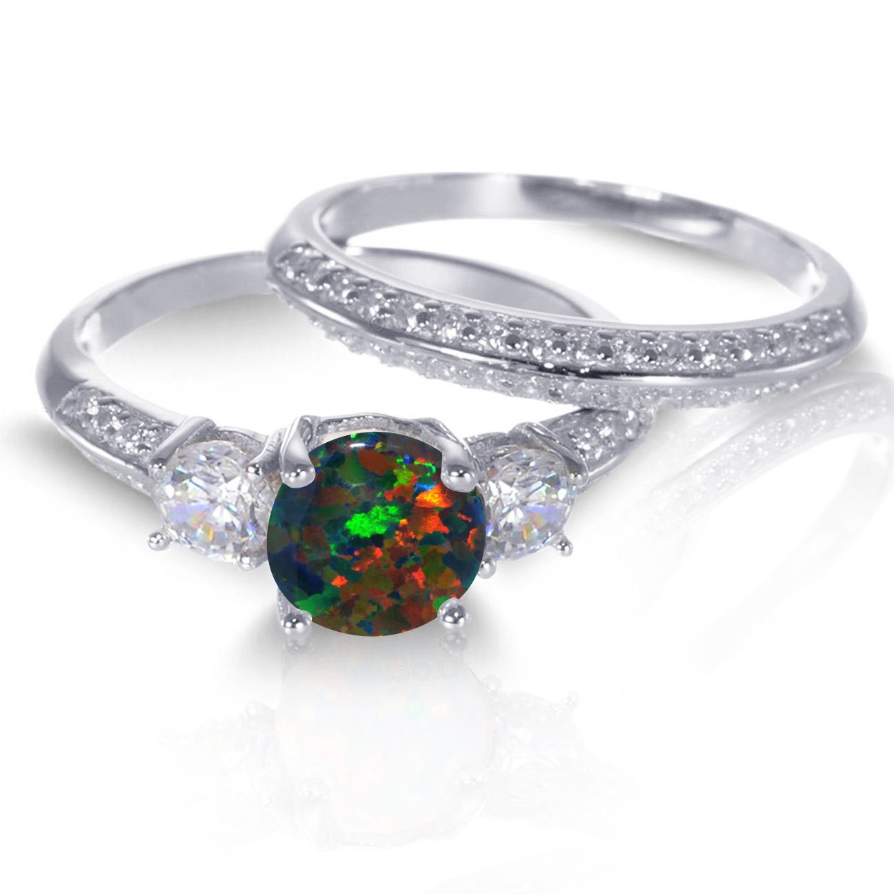 Round Simulated Black Fire Opal Dual Layered Clear CZ Wedding Engagement Genuine Sterling Silver Ring Set