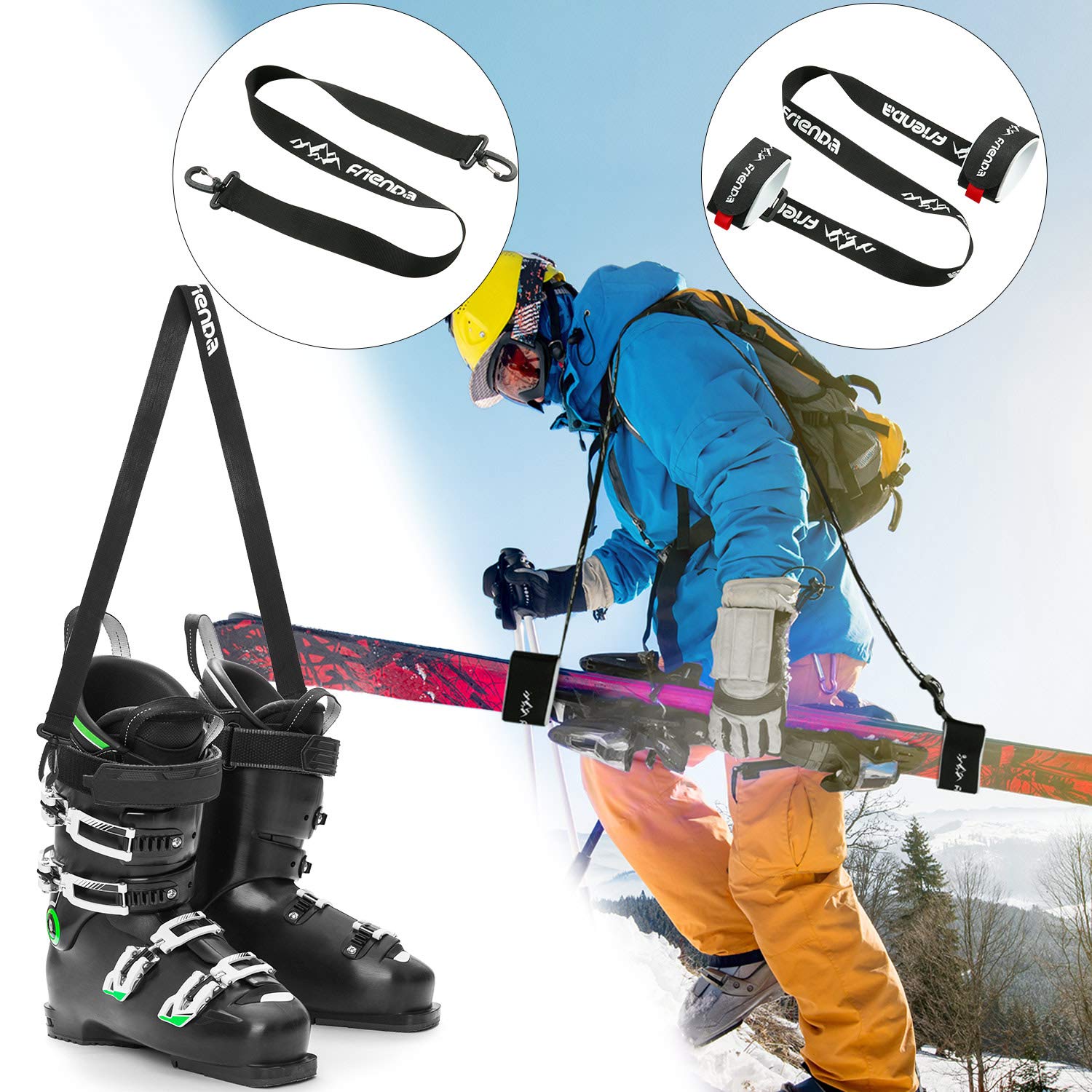 Ski Snowboard Boot Carrier Strap Ski Pole Carriers Strap Ice Skates Shoulder Sling Leash Adjustable Shoulder Strap Downhill Skiing Back Country Gear for Man Woman Kids Families